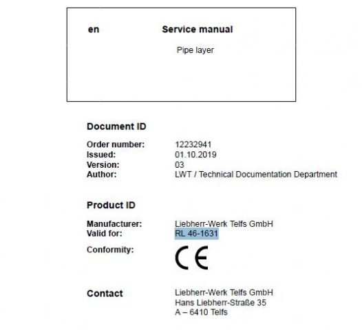 Liebherr RL 46-1631 Pipe layer Service Repair Manual | Service Repair ...